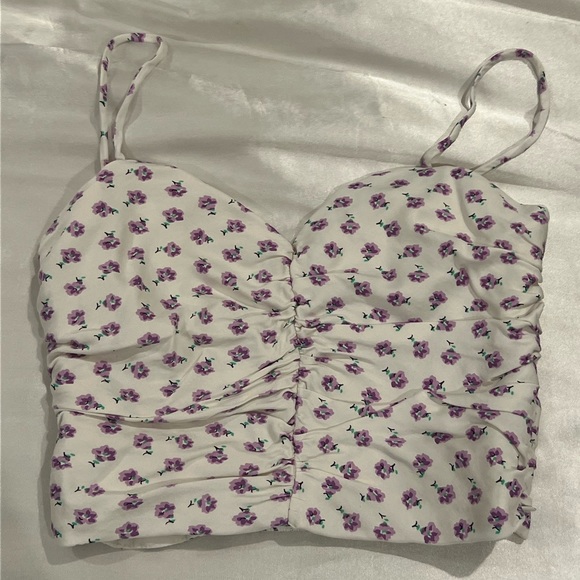 Zara | Tops | Zara Ruched Crop Top In A Purple Floral Swimsuit Fabric ...